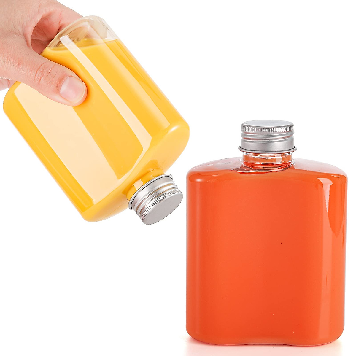 Elsjoy 24 Pack Plastic Juice Bottles, 8.5 Oz Clear Liquor Bottle Flat Slim Beverage Container with Aluminum Cap, Portable Water Flask for Drinks, Milk, Tea, Alcohol, Leak Proof