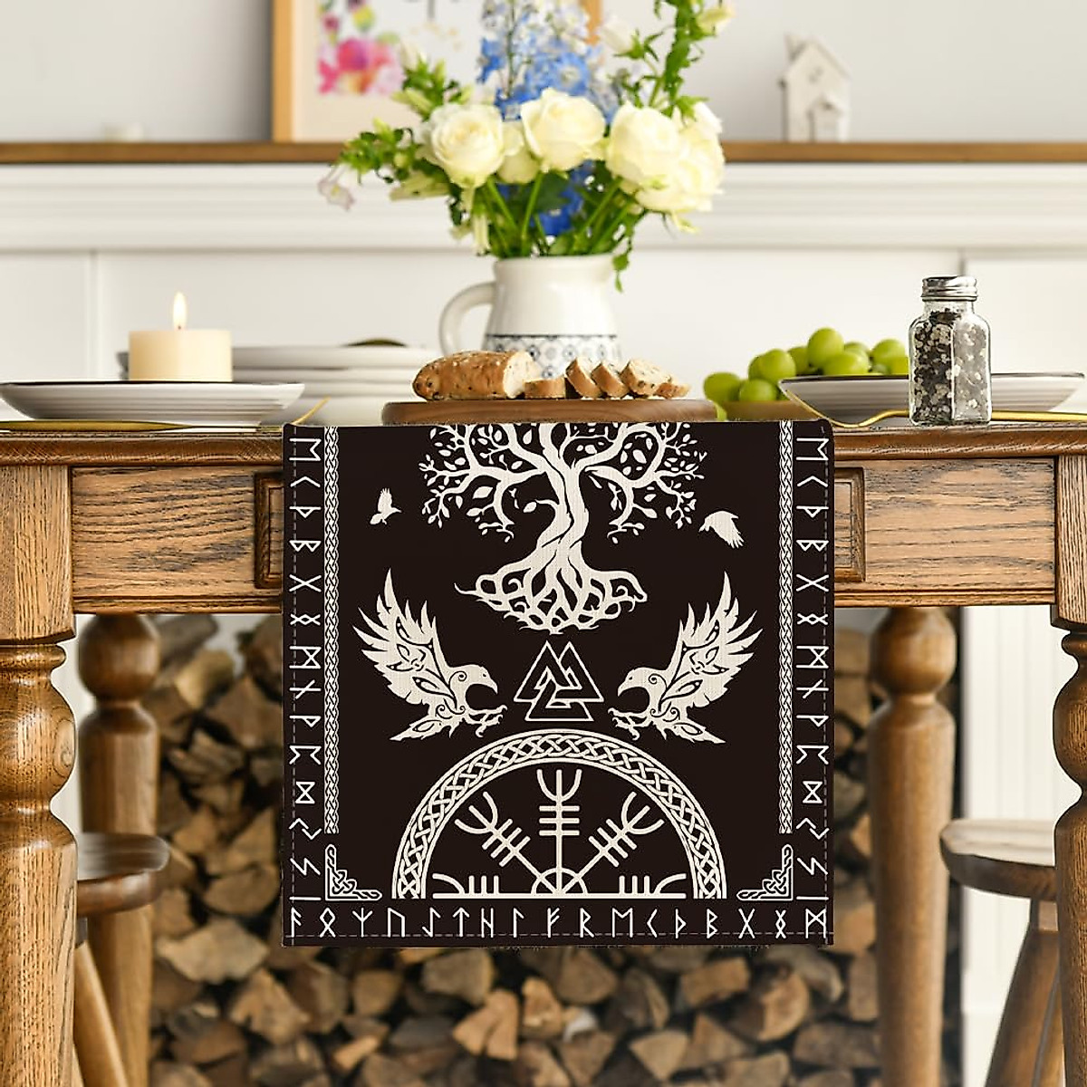 Artoid Mode Black Viking Tree of Life Raven Helmet of Awe Table Runner, Seasonal Kitchen Dining Table Decoration for Home Party Decor 13x72 Inch