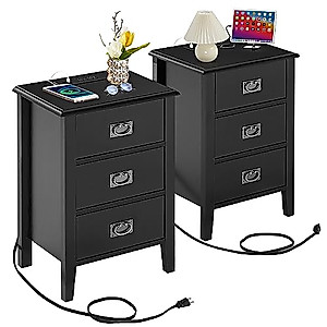VECELO Nightstands Set of 2 with Charging Station End Bedside Tables with 3 Storage for Bedroom, Living Room, Vintage Accent Furniture, Solid Wood Legs, Three Drawers, Black