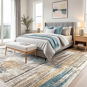 8x10 Rugs for Living Room: Large Modern Washable Super Soft Abstract Area Rug Neutral Contemporary Low Pile Carpet for Bedroom Dining Room Nursery Home Office Decor - Blue/Grey/Gold