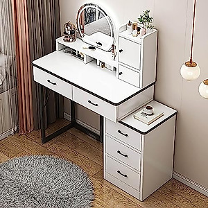 Makeup Desk With Drawers and Mirror Light Make Up Vanity Station Brightness Adjustable Vanity Table Set With Lots Storage Hidden And Open Storage Shelves White Vanity Desk Vanity for Women Girls