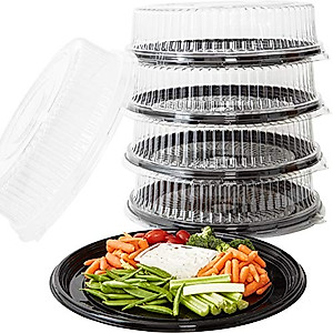 Avant Grub Heavy Duty, Recyclable 16 in. Serving Tray and Lid 5pk. Large, Black Plastic Party Platters with Clear Lids Dishware Plate, Elegant Round Banquet or Catering Trays for Serving