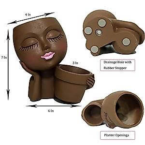 Dolkgy Face Flower Pot Head Planter, Black Woman Unique Planters for Indoor Outdoor Plants, Novelty Plant Pots Lady Vase with Drainage Hole Home Garden Succulents Cactus