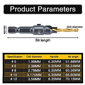 HOHXEN Titanium Coated Counter Bit Set Power Hand Drill Bit Tools Set Screw Hole Size Countersink Drill Bit Set with 1/4 Hex Shank Sets Countersink Drill Bits -5pcs