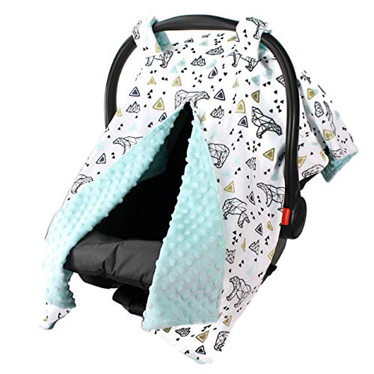 Top Tots Deluxe Baby Car Seat Canopy Cover, Kaleidoscope Bear, Minky Dot, White