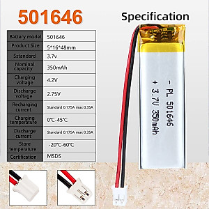 AKZYTUE 3.7V 350mAh 501646 Lipo Battery Rechargeable Lithium Polymer ion Battery Pack with JST Connector