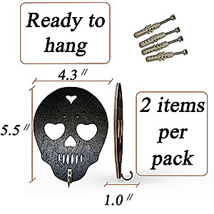 Skull Key Holder - Set of 2 Goth Key Hooks for Wall - Gothic Home Decor for Bedroom Furniture or Kitchen Assessories - Halloween Spooky Gifts for Skull Stuff Lovers