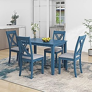 Bellemave 5 Piece Dining Table Set, Kitchen Dining Table with 4 X-Back Chairs, Wooden Dining Table and Upholstered Chair Set, Farmhouse Dining Room Set for 4 Persons (Blue)