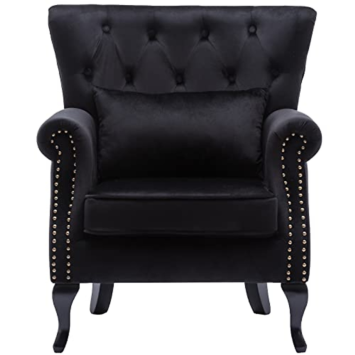 DM Furniture Mid Century Accent Chair Modern Button Tufted Armchair Club Chair Velvet Wingback Single Sofa Lounge Chair with Pillow for Living Room Bedroom, Black