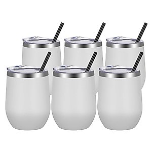 VEGOND Wine Tumblers Bulk 6 Pack, 12oz Stainless Steel Stemless Wine Glass with Lids and Straws, Double Wall Vacuum Insulated Tumbler Cup, Coffee Mug for Cold Hot Drinks