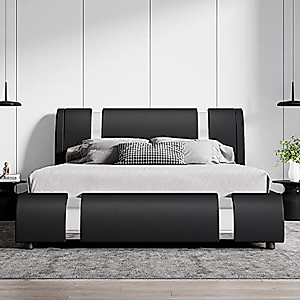 SHA CERLIN Bed Frame Queen Size with Iron Pieces Decor and Adjustable Headboard/Modern Faux Leather Deluxe Upholstered Platform Bed with Solid Wooden Slats Support/No Box Spring Needed, Black