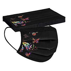 50Pcs Black Disposable Face_mask with Designs for Women Men Adults Cute Colorful Butterfly Printed Paper Face_mask