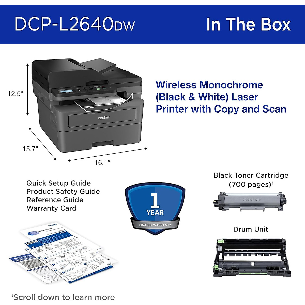 Brother DCP-L25 Series Monochrome All-in-One Laser Printer for Home Office, Print, Scan, Copy, Wireless, 36 ppm, 2400 x 600 dpi, Automatic Duplex Printing, with MTC Printer Cable