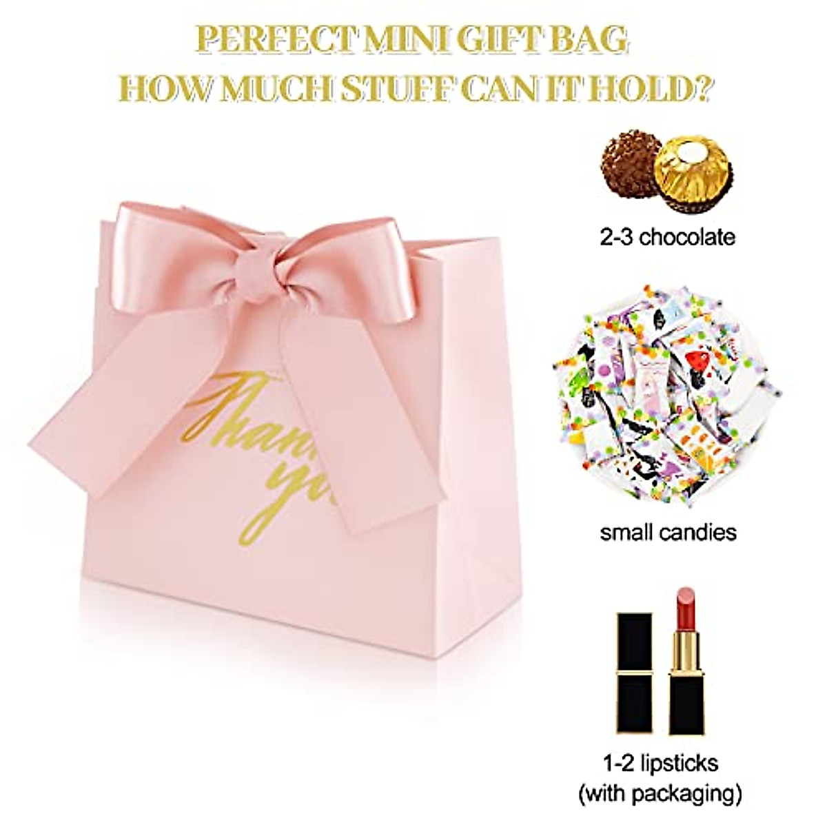 SHAIDOJIO 24Pcs Small Thank You Gift Bags, Party Favor Bag Treat Box with Bow Ribbon, Pink Pattern Mini Paper Gift Bags Bulk for Wedding, Birthday, Bridal Shower, Baby Shower (4.5x1.8x4 Inch)