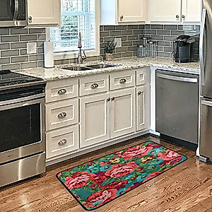 Red Green Rose Kitchen Rugs Bath Rug Runner Comfort Mat Non-Slip Doormats Carpet for Bathroom Indoor 39" X 20"