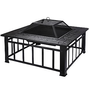 Zorestar 3 in 1 Metal Square Firepit (31.8"Dx31.8"Wx12.5"H-In) - Heavy-Duty & Portable BBQ Stove with Screen Cover & Poker - Wood Burning and Drink Cooling Fire Pit for Patio, Bonfire, Backyard, Deck