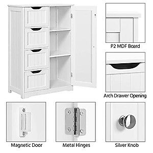 Yaheetech Wooden Floor Cabinet, Side Storage Organizer with 4 Drawers and 1 Cupboard, Freestanding Entryway Storage Unit Console Table, Bathroom Furniture Home Decor, White