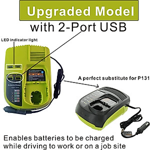 Compaitble with Ryobi P131 One+ Portable Dual Chemistry Lithium Ion or NiCad Vehicle Charger,Car Battery Charger, for Battery P107 P102 P108 P122 P161 P190 P191 P192 P100 P103 P104 P105 P106