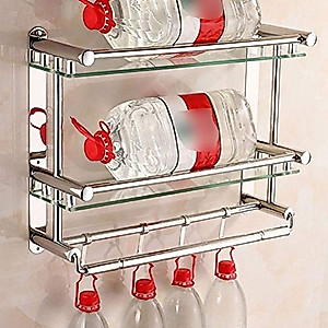 Bathroom Glass Shelf with Towel Rail and Hooks Wall Mounted Stainless Steel Rack, 2 Tier 40~60cm Anti-Rust Drilling Storage (Size : 50CM)