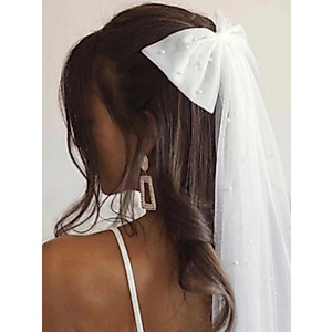JAKAWIN Bride Wedding Bow Knot Veil White Tulle Hair Clip Bridal Pearl Short Veils Hair Piece Bachelorette Party Hair Accessories for Women FJ04
