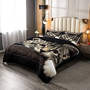 Feelyou Cats Comforter Set 3D Animals Pattern Bedding Set for Kids Boys Girls Pet Cat Kitten Decor Comforter Brown Grey Quilt Set Room 3Pcs Queen Size