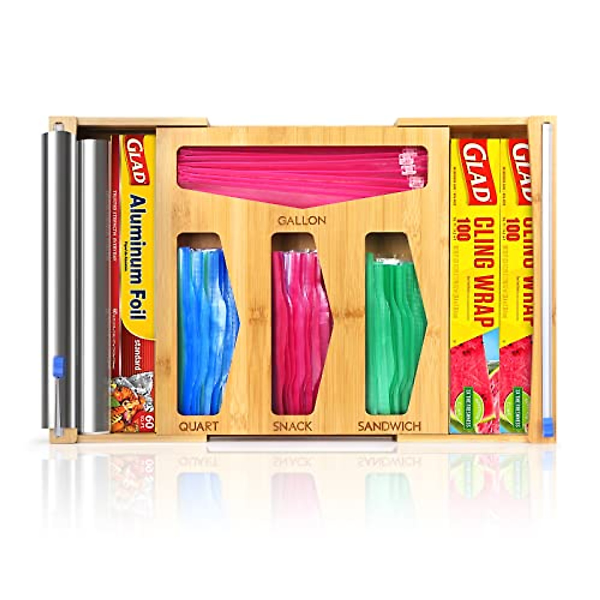 Ziplock Bag Storage Organizer Bamboo - Expandable Foil and Plastic Wrap Dispenser Organizer with Cutter, Plastic Bag Baggie Organizer for Drawer Kitchen, Suitable Gallon, Quart, Sandwich, Snack Bag, and 12.5" Aluminum Foil & Wax Paper (Large)