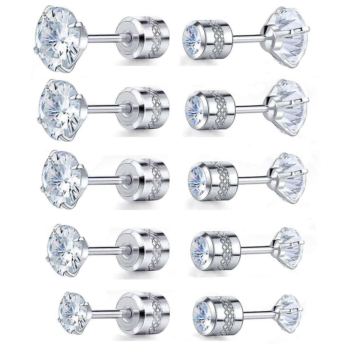 Titanium Screw Back Pack of Earrings Cubic Zirconia CZ Studs for Women Men 20G Helix Piercing Post 316L Surgical Stainless Steel Hypoallergenic for Sensitive Ears Simulated Diamond Set