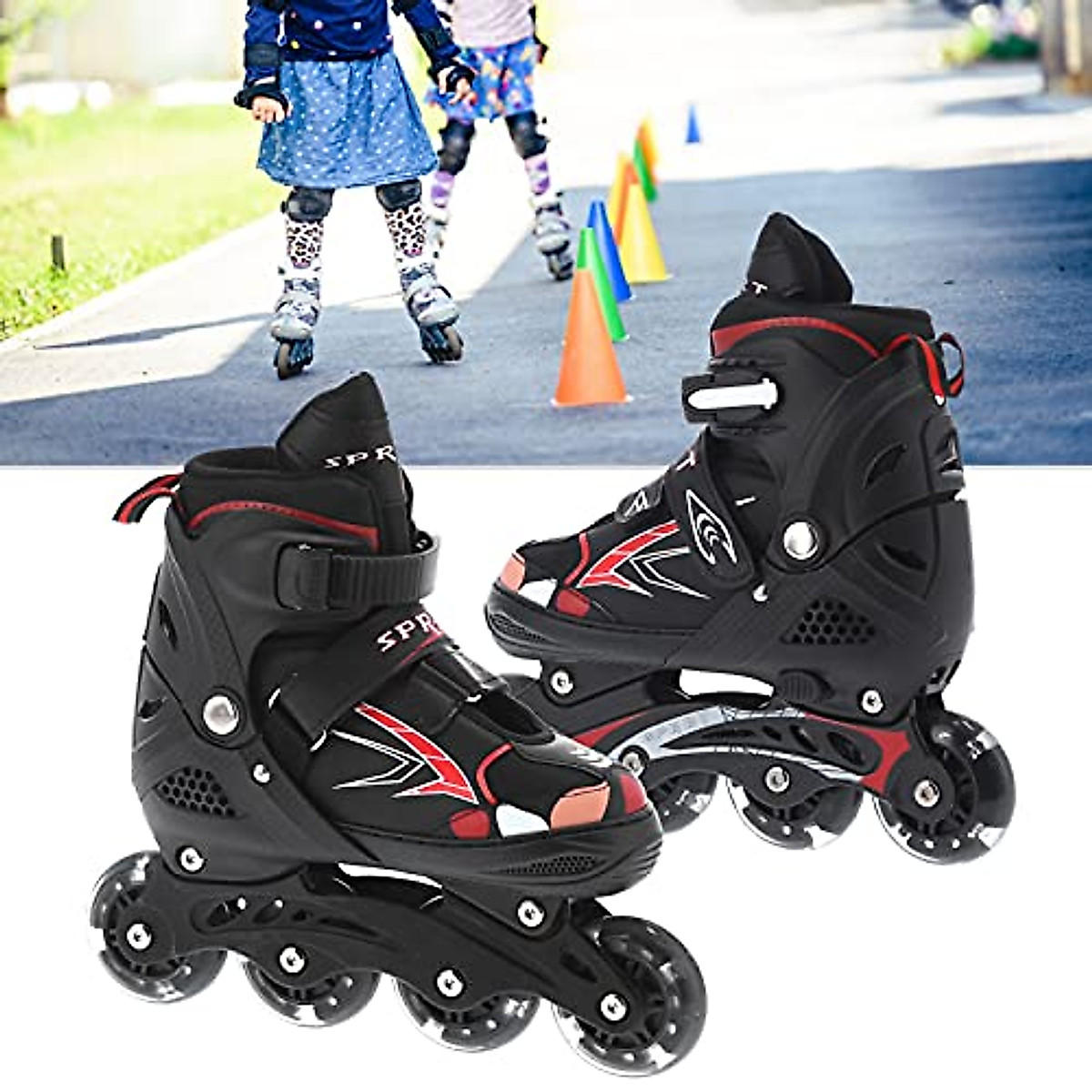 Children Triple Protection Roller Skates, Adjustable Inline Breathable Mesh Roller Skates Indoor Outdoor Kids Toy with Self‑Generating Light Wheel Girls Boys(Red S)