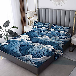 Sea Sheets Full Size, Wave Ocean Bed Sheets, Patterned Bedding Sheets & Pillowcases 4 Piece Set - Soft Microfiber Deep Pocket Fitted Sheet & Flat Sheet & 2 Pillow Cases L3-&-356