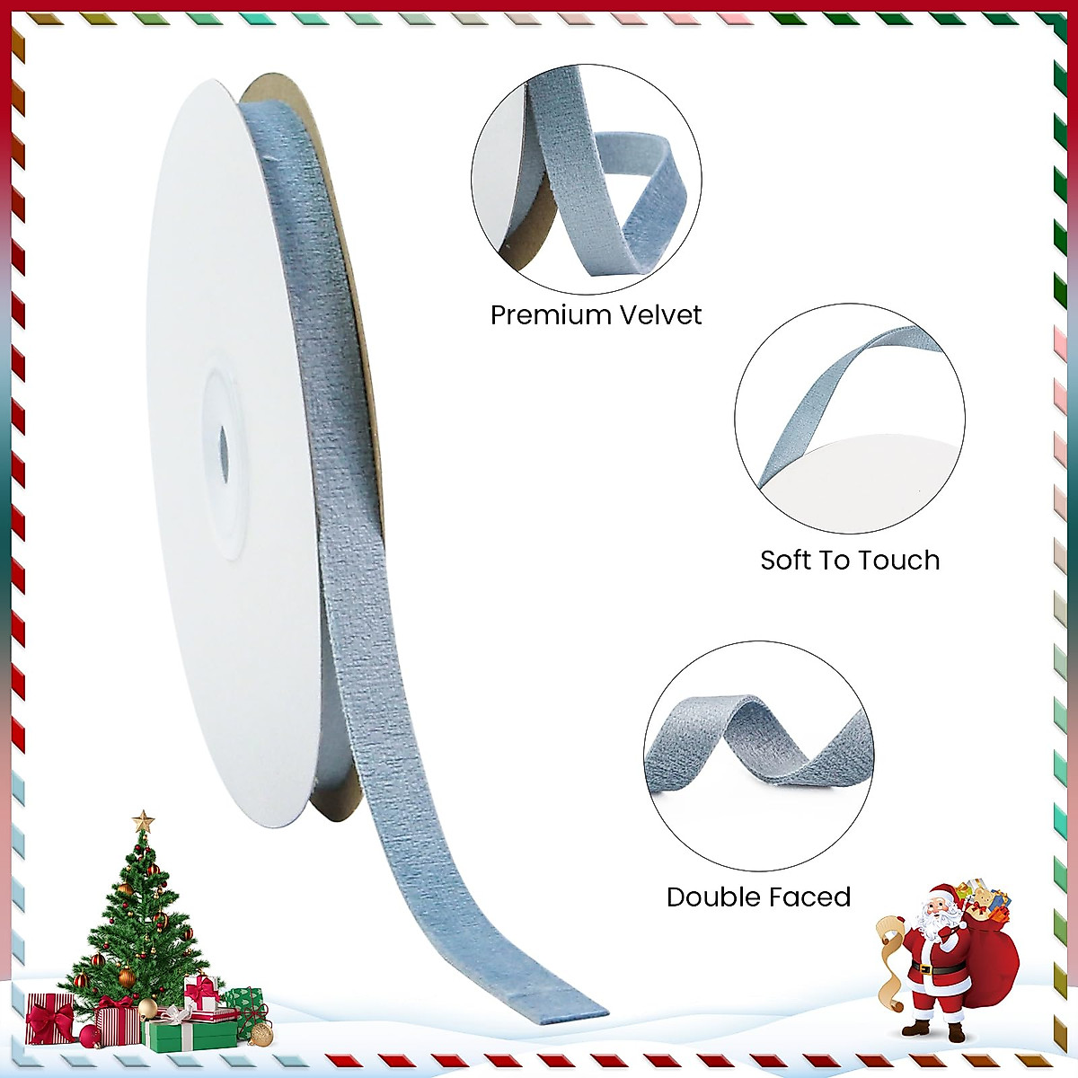 Dusty Blue Double Faced Velvet Ribbon 3/8 Inch, 10 Yards Velvet Craft Ribbons for Christmas Wreath Decoration Gift Wrapping Handmade Craft Bow Making