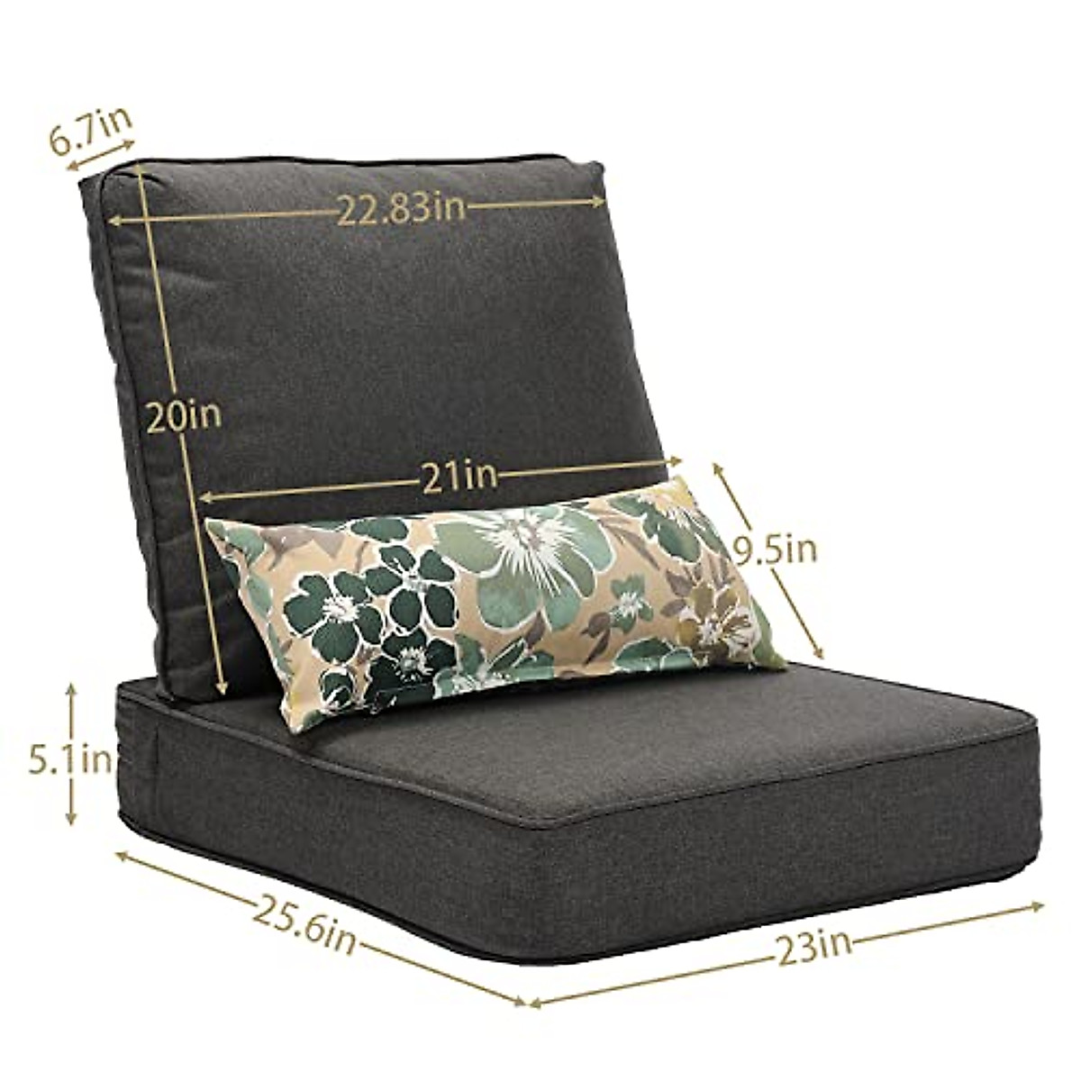 Aoodor 23” x 25.6” Patio Furniture Outdoor Deep Seat Single Chair Sofa Cushion Back Olefin Fabric Slipcover Sponge Foam - Charcoal Color Set of 2 (2 Back 2 Seater 2 Pillow )