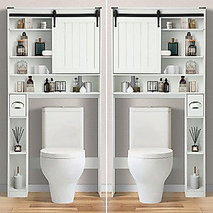 YOCONYO Over The Toilet Storage Cabinet, Farmhouse Over Toilet Cabinet Included Sliding Barn Door,Toilet Paper Holder Stand and Adjustable Bottom Bar, Freestanding Toilet Rack for Bathroom,White