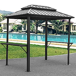 Domi Grill Gazebo 8' × 6', Outdoor Aluminum Frame BBQ Gazebo with Shelves Serving Tables and Hooks, Permanent Double Roof Gazebos for Patio Lawn Deck Garden (Dark Grey)