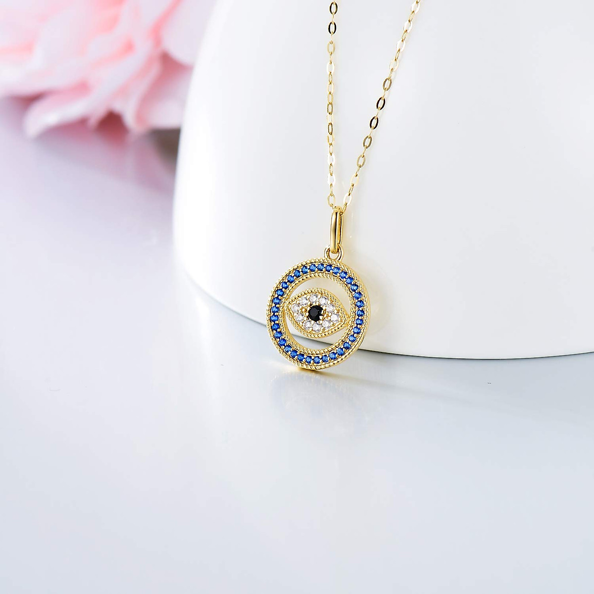 SISGEM 14K Real Gold Evil Eye Necklaces for Women, Yellow Gold Halo Pendant with Fine 5A Cubic Zirconia Lucky Protection Jewelry Gifts for Her, Wife, Mom 16-18 Inch