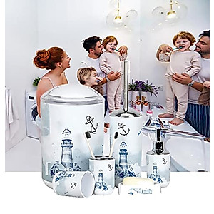 BFYLSQUE Lighthouse Bathroom Accessory Set, 6 Pieces Luxury Bath Accessories Bath Set Lotion Bottles Toothbrush Holder Tooth Mug Soap Dish Toilet Brush Rubbish, for Modern Design - Plastic