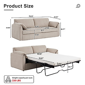 Plococo Pull Out Sofa Bed, Corduroy Queen Sleeper Sofa Couch with Foam Mattress, Large Sofa Sleeper Pullout Couch Bed for Living Room Office, Queen Size (Beige Brown)