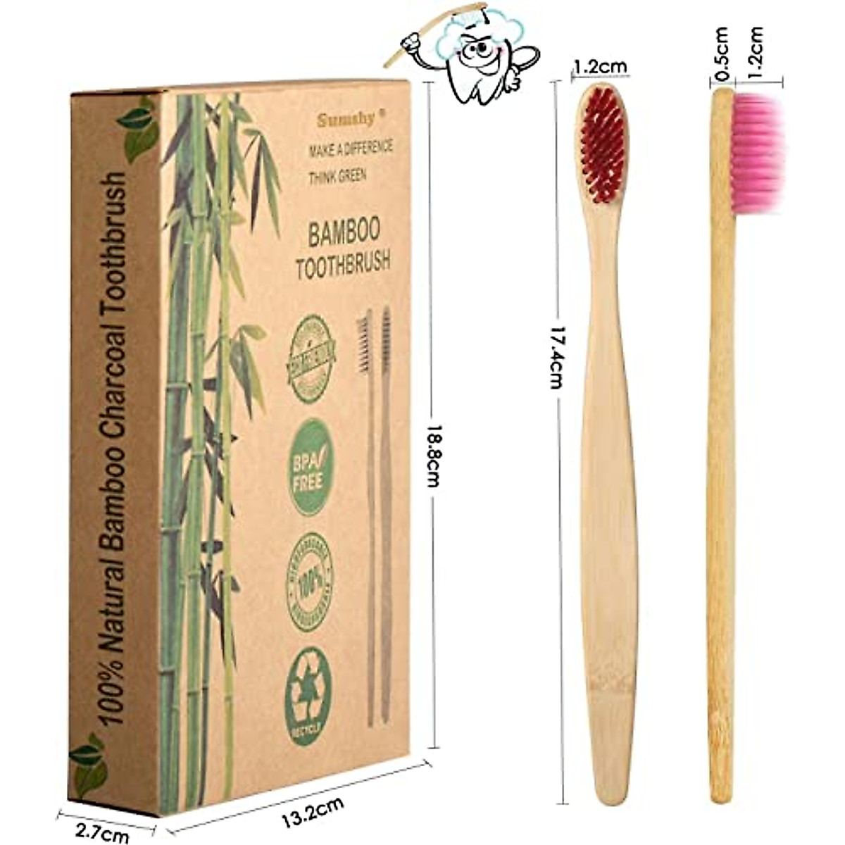 Sumshy 10 Color Soft Bristles Natural Bamboo Toothbrushes Set, Premium BPA Free for Best Clean, Eco-Friendly, Plastic-Free, Vegan, Biodegradable & Compostable Charcoal Wooden Toothbrush