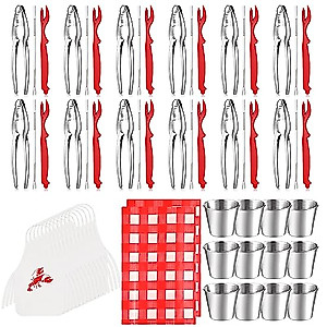 Mepase 62 Pcs Seafood Tools Set Nut Cracker Set 12 Crab Crackers, 12 Crab Forks/Picks, 12 Lobster Shellers, 12 1.7 oz Dipping Sauce Cups, 12 Lobster Bibs, 2 Red Checkered Disposable Plastic Tablecloth
