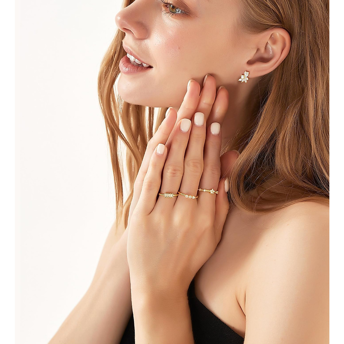 TIGRADE 1.5mm Eternity Ring 14k Gold Plated Stacking Ring Baguette Cubic Zirconia Petite Wedding Band for Women Size 3-12, Gold, Size 6