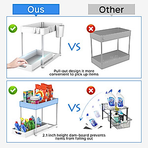 Fkprorjv Under Sink Organizers and Storage, 2 Pack Kitchen Bathroom Sink Organizer with Hooks, 2 Tier Under Sink Cabinet Basket Storage Shelf with Sliding Drawers, White