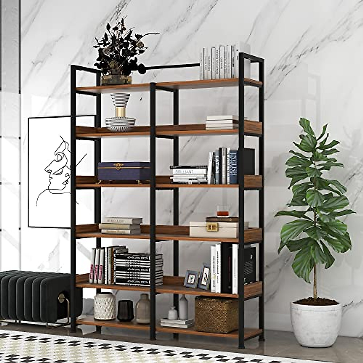 MENGK 70.8 Inch Tall Bookshelf MDF Boards Stainless Steel Frame, 6-Tier Shelves with Back&Side Panel, Adjustable Foot Pads, Brown