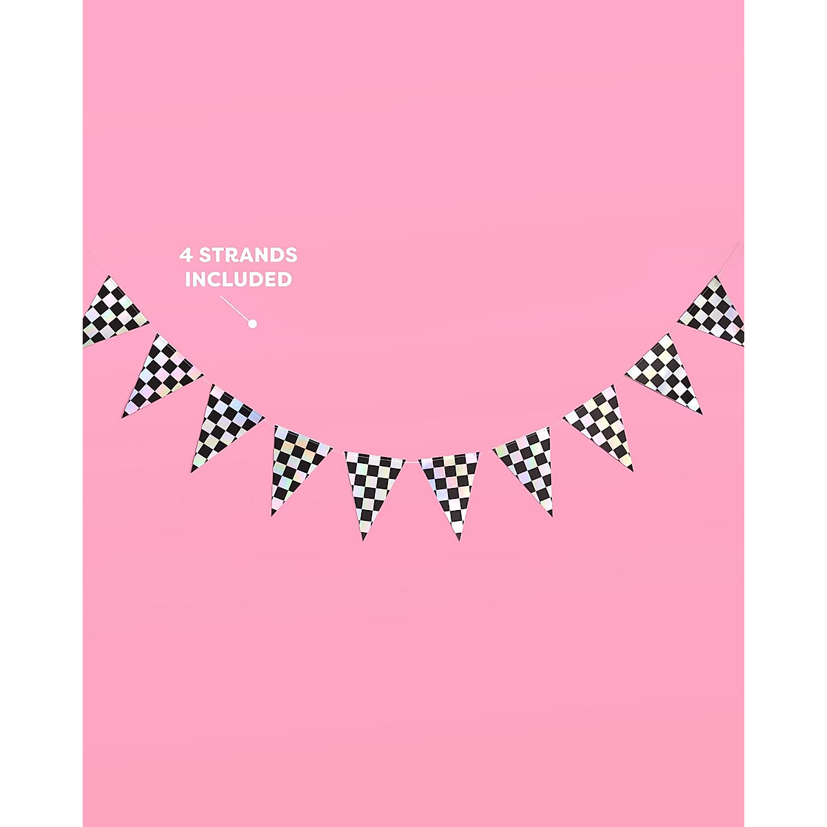 xo, Fetti Checkered Black and Iridescent Party Decorations Flag Banner - Set of 4, 32 Ft | Bachelorette Party Disco Garland, Monster Truck Birthday Party Supplies, Racecar Kids Decor