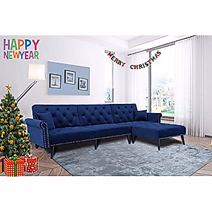 Zushule Convertible Sectional Couch with Chaise Lounge for Living Room, comfy Velvet fabric L-Shaped reversible reclining sofa with 3 seats and pillows, for small apartment and spaces - (Navy Blue)