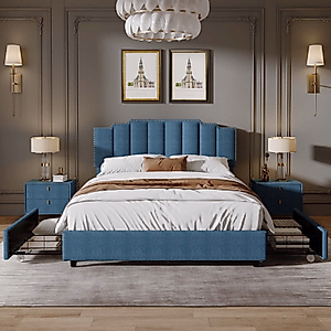 Queen Size Upholstered Platform Bed Frame with 2 Storage Drawers & Adjustable Rivets Headboard, Linen Bed Frame with Extra Dome Bed Canopy for Boys Girls Teens, No Box Spring Needed (Blue)