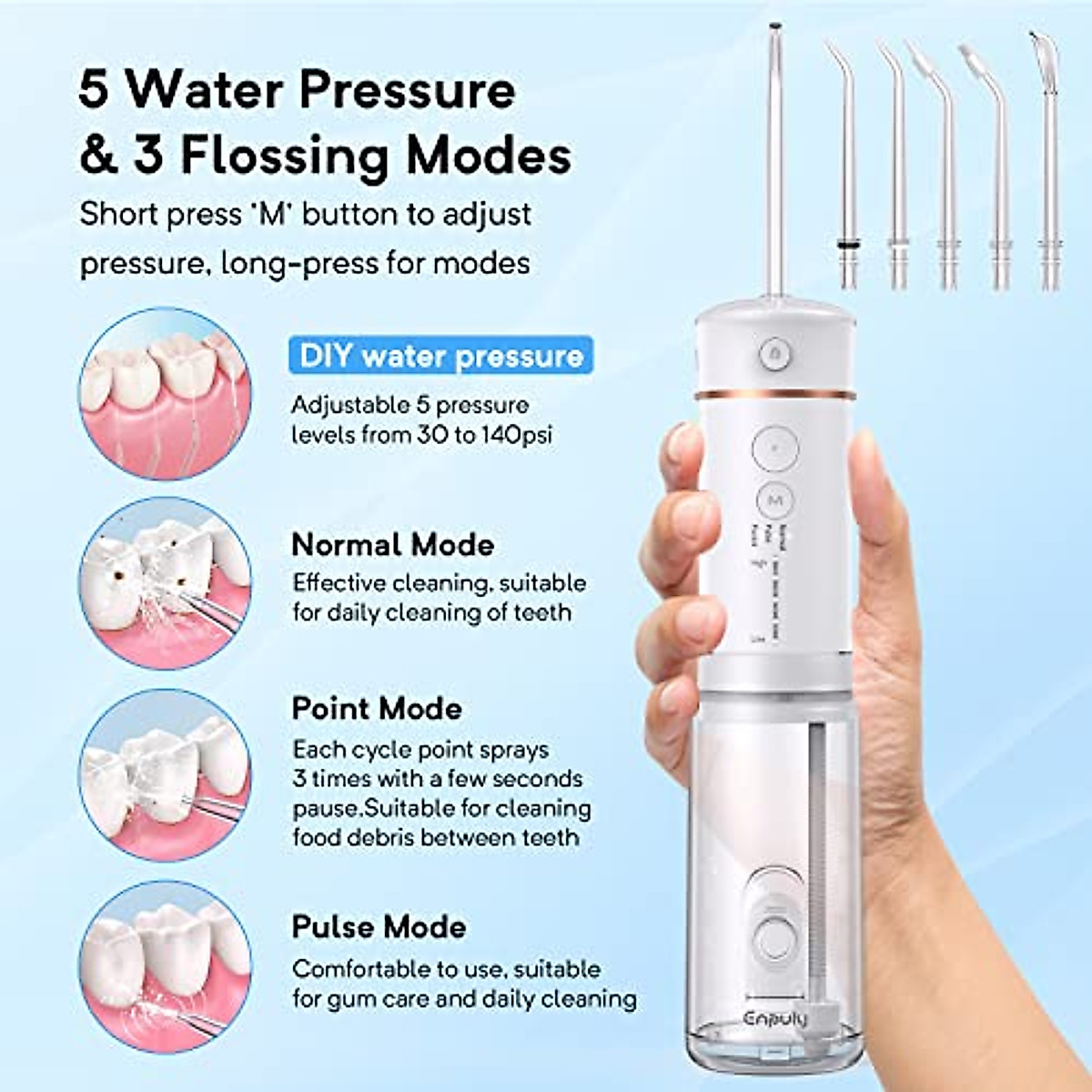 Water Flosser Cordless - ENPULY Portable Water Teeth Cleaner Pick with 3 Cleaning Modes & 5 Pressure Modes, 5 Jet Tips, IPX7 Waterproof, Rechargeable Oral Irrigator for Braces Bridges Tooth Care,White