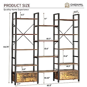 oneinmil Triple Wide 5-Tier Bookshelf with 2 Drawers, Rustic Etagere Book Shelves Display Shelf for Home Office, Industrial Style Wood and Metal Bookshelf in Living Room, Study, Bedroom (Brown)