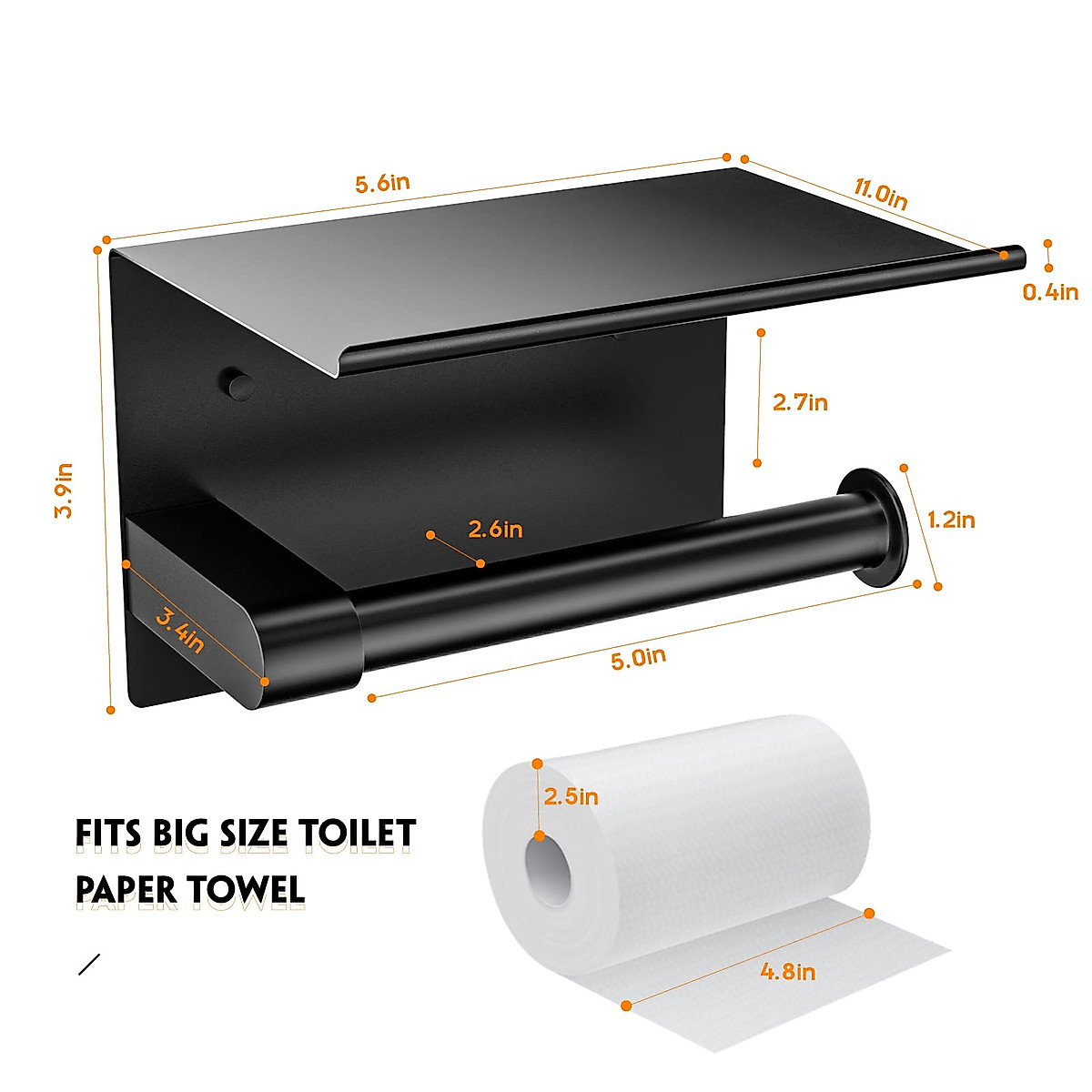 ASTOFLI Black Toilet Paper Holder with Shelf: Self Adhesive Toilet Paper Holder with Phone Shelf - No Drill Stainless Steel Toilet Paper Holders Wall Mount - Wall Mounted Tissue Roll Holder