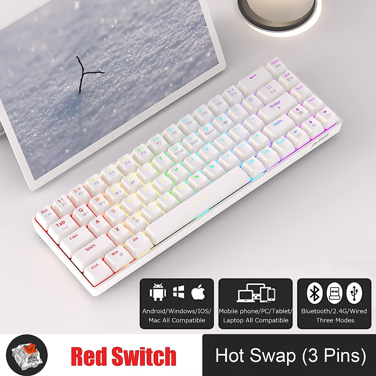 Ajazz K685T Wireless 60% Mechanical Keyboard, Bluetooth/2.4G/Wired Multi-Mode, RGB Backlight, N-Key Rollover 68 Keys, Hot Swap Switch, Compatible for Multi-Device Connection (White, Brown Switch)