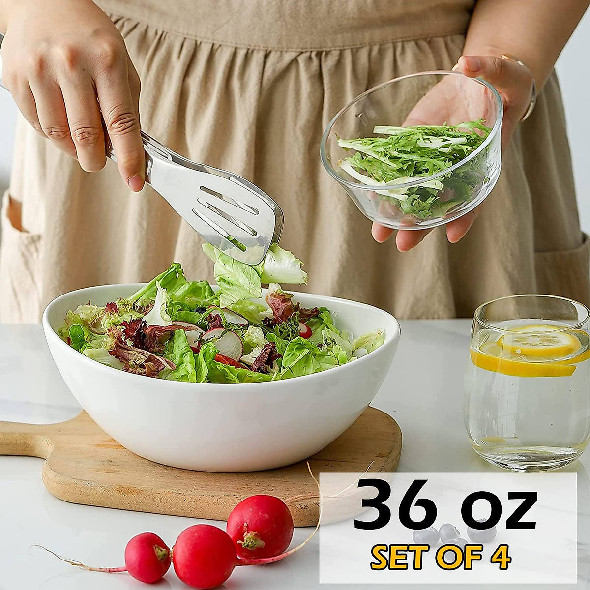 Hasense Porcelain Serving Bowls 36 Ounce Large Salad Bowl Set of 4, 28 Ounce Cereal Soup Bowls Set Set of 4, 10 Ounce Small Ice Cream Dessert Dishes Set of 4 - White