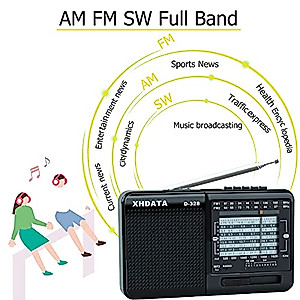 XHDATA D-328 Shortwave AM FM DSP Portable Small Multi Band Radio Stereo MP3 Player with Rechargeable Battery Earphone Jack Portable Multimedia Speaker with USB Micro SD Card Jack (Black)